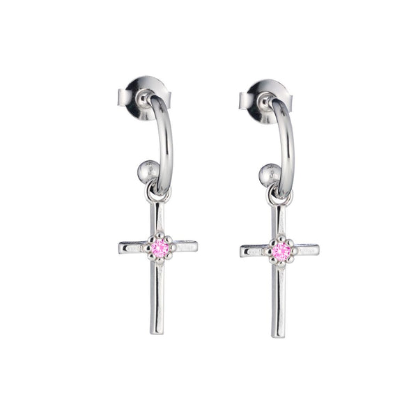 Lumoava Daisy Cross Earrings with Pink Stone, Silver
